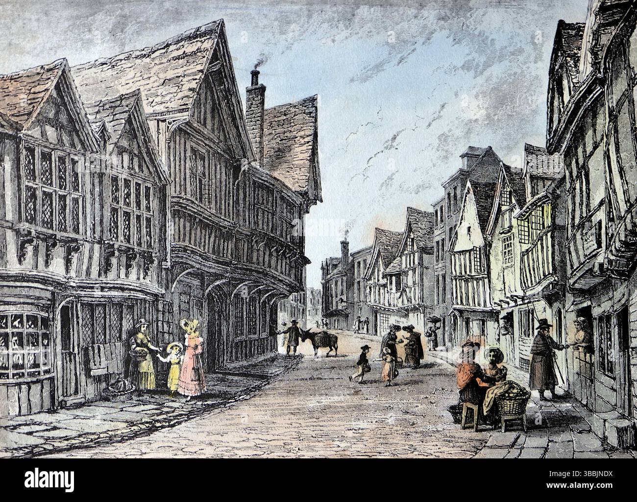 A lively historical street scene, perhaps from medieval or early modern ...