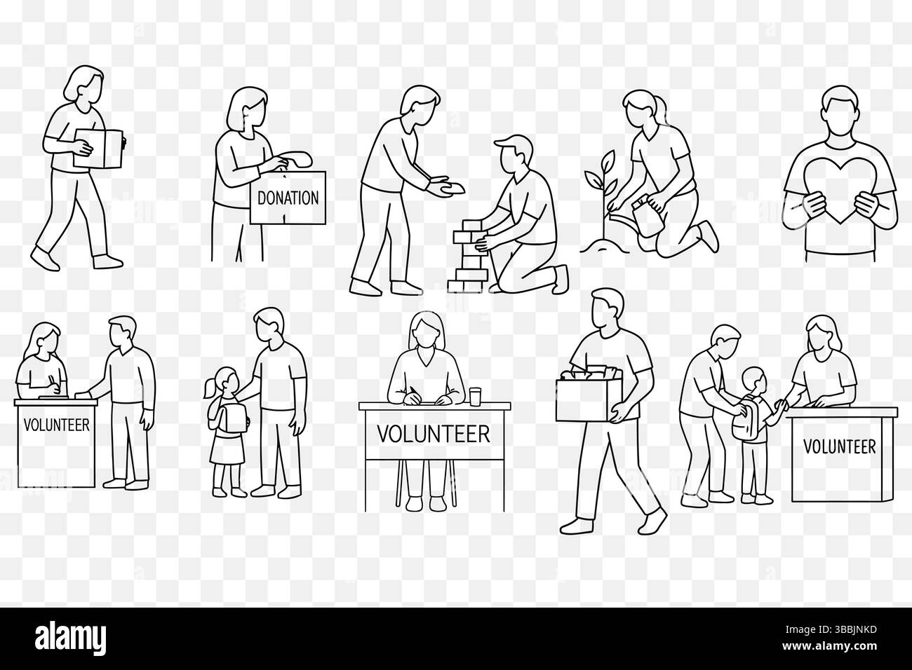 Minimalist Line Art Set of Volunteering and Charity Activities ...
