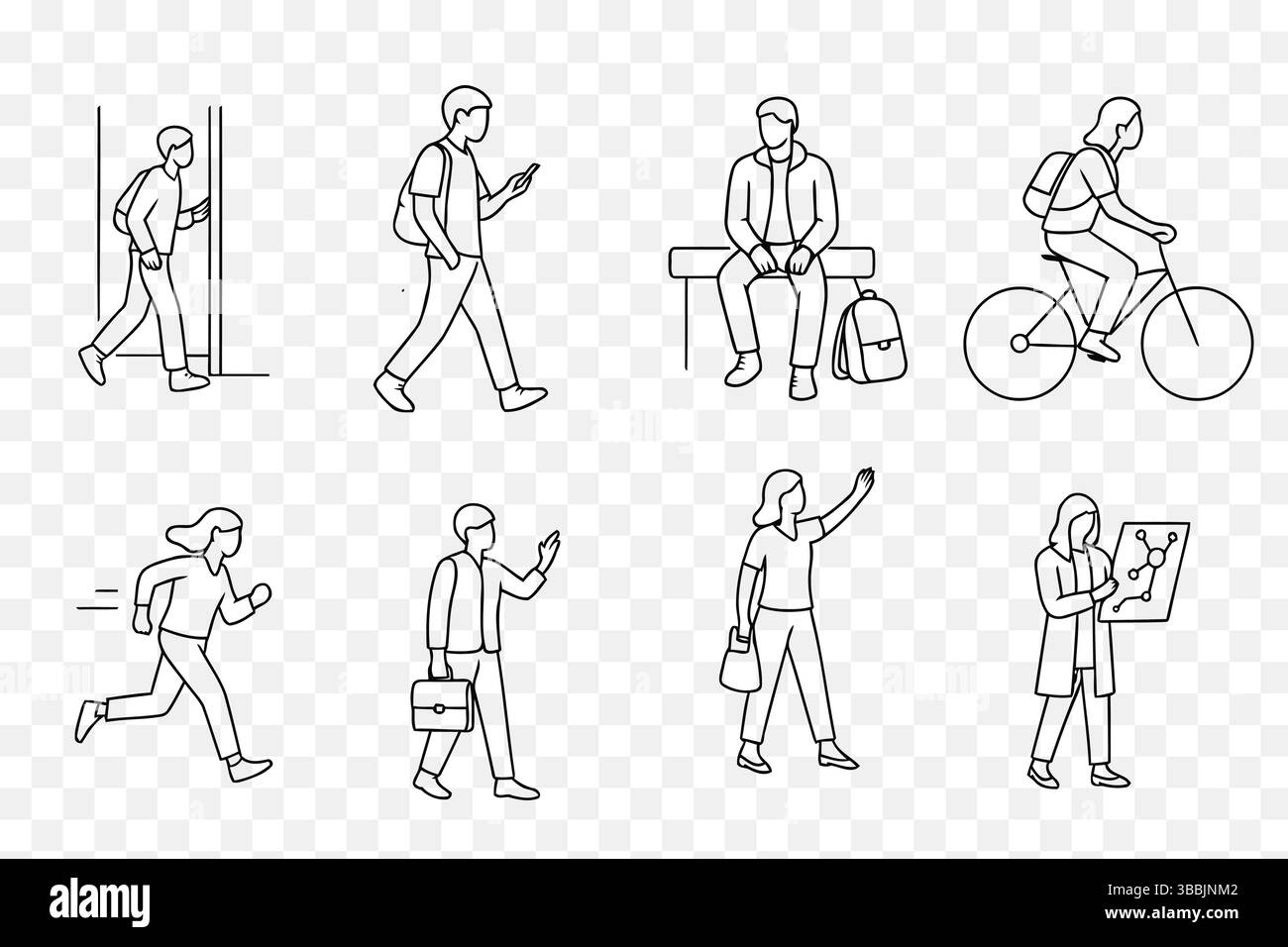 Minimalist line art set of students and commuters walking hi-res stock ...