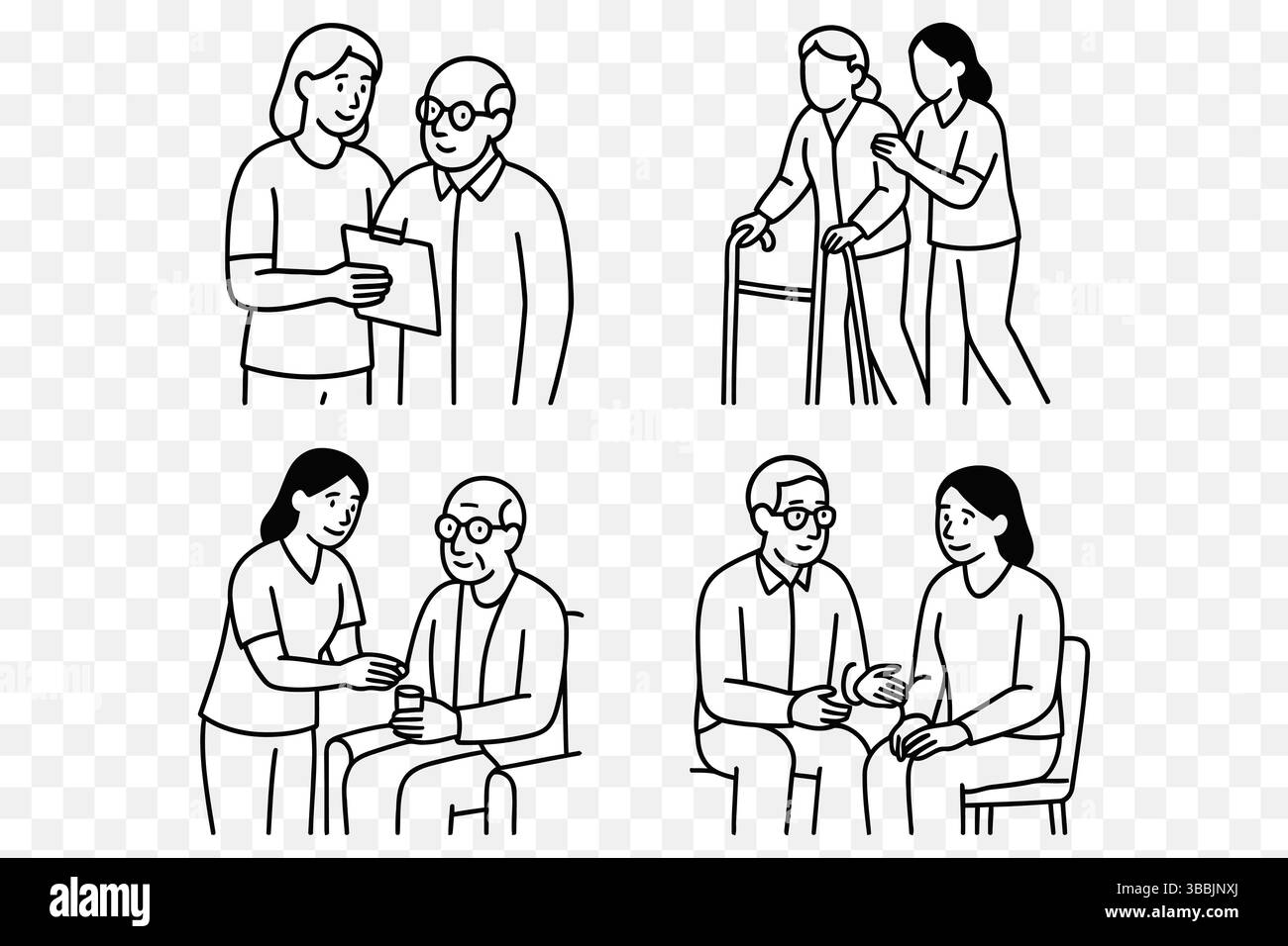 60. Elderly Caregiver Line Art Illustration Set – Support, Assistance ...