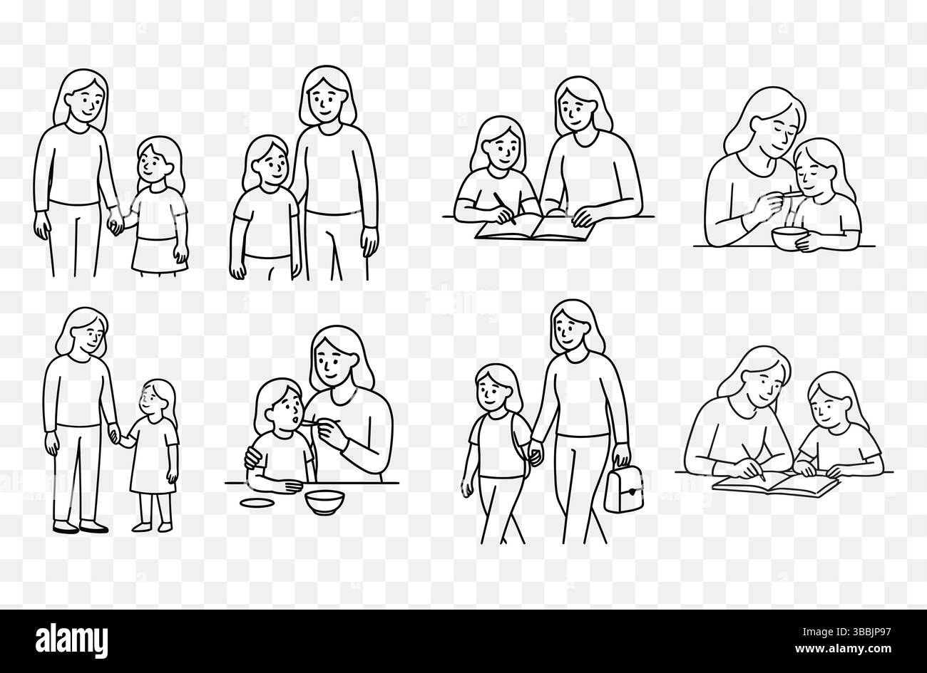 Mother and Daughter Line Art Vector Set – Parenting, Education, and ...