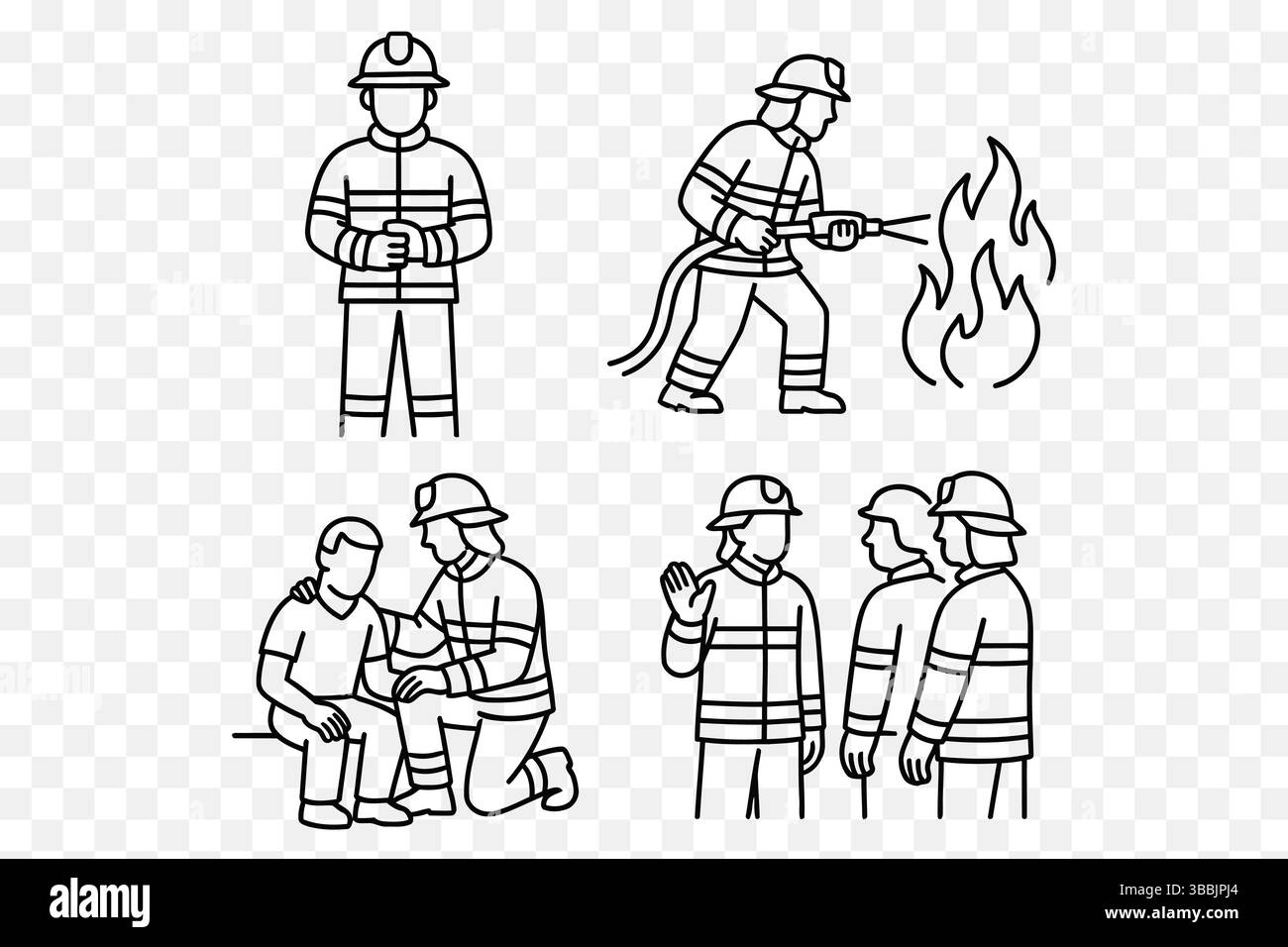 Firefighter Vector Line Art Set – Firefighting & Rescue Scenes Stock ...
