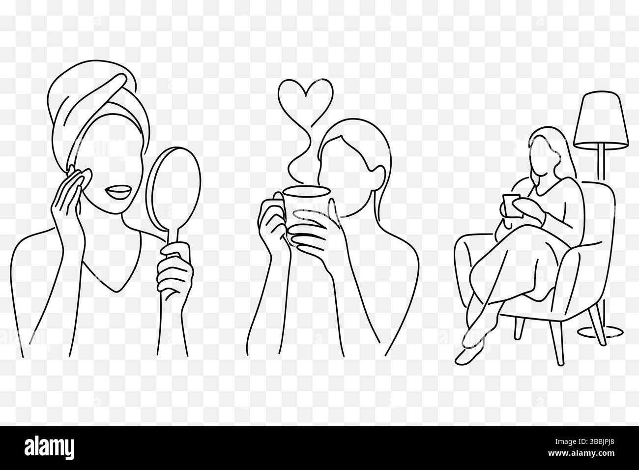 Minimalist Line Art of Daily Self-Care and Cozy Relaxation Moments ...