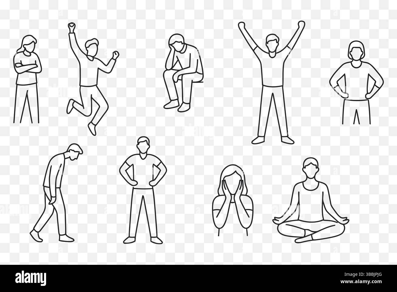 Minimalist Line Art Set of Emotional Expressions – Joy, Sadness ...