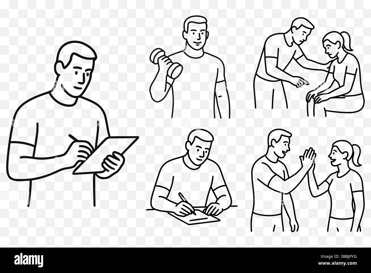 Personal Trainer & Fitness Coach Line Art Vector Set – Gym Training ...