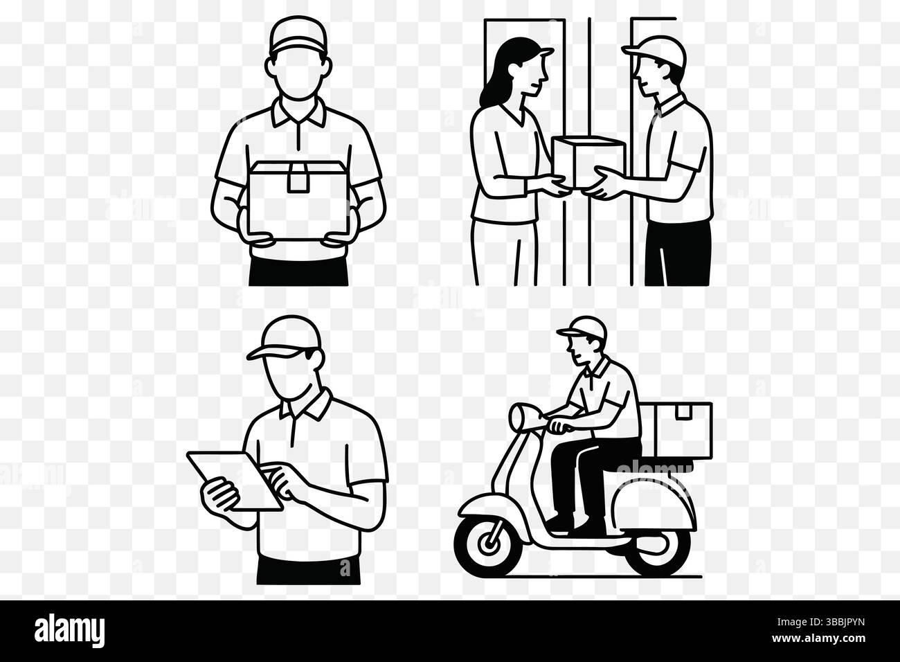 Minimalist Line Art of Delivery Workers with Packages and Scooters ...