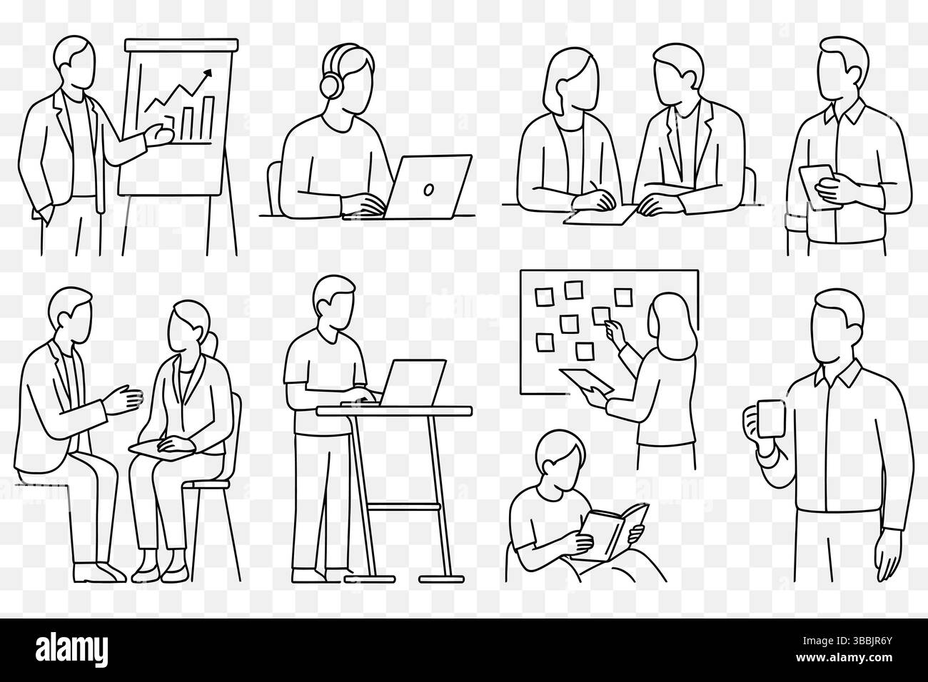 Modern Office Workers in Daily Activities – Minimalist Line Art Set ...