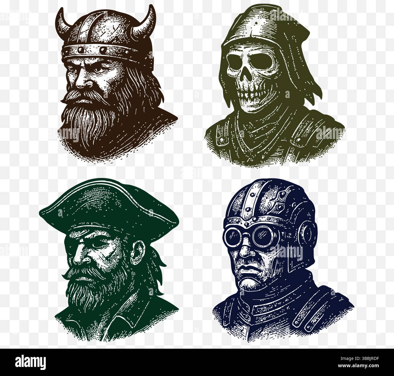 Vintage Engraved Warrior Heads Set – Viking, Pirate, Skull Knight ...