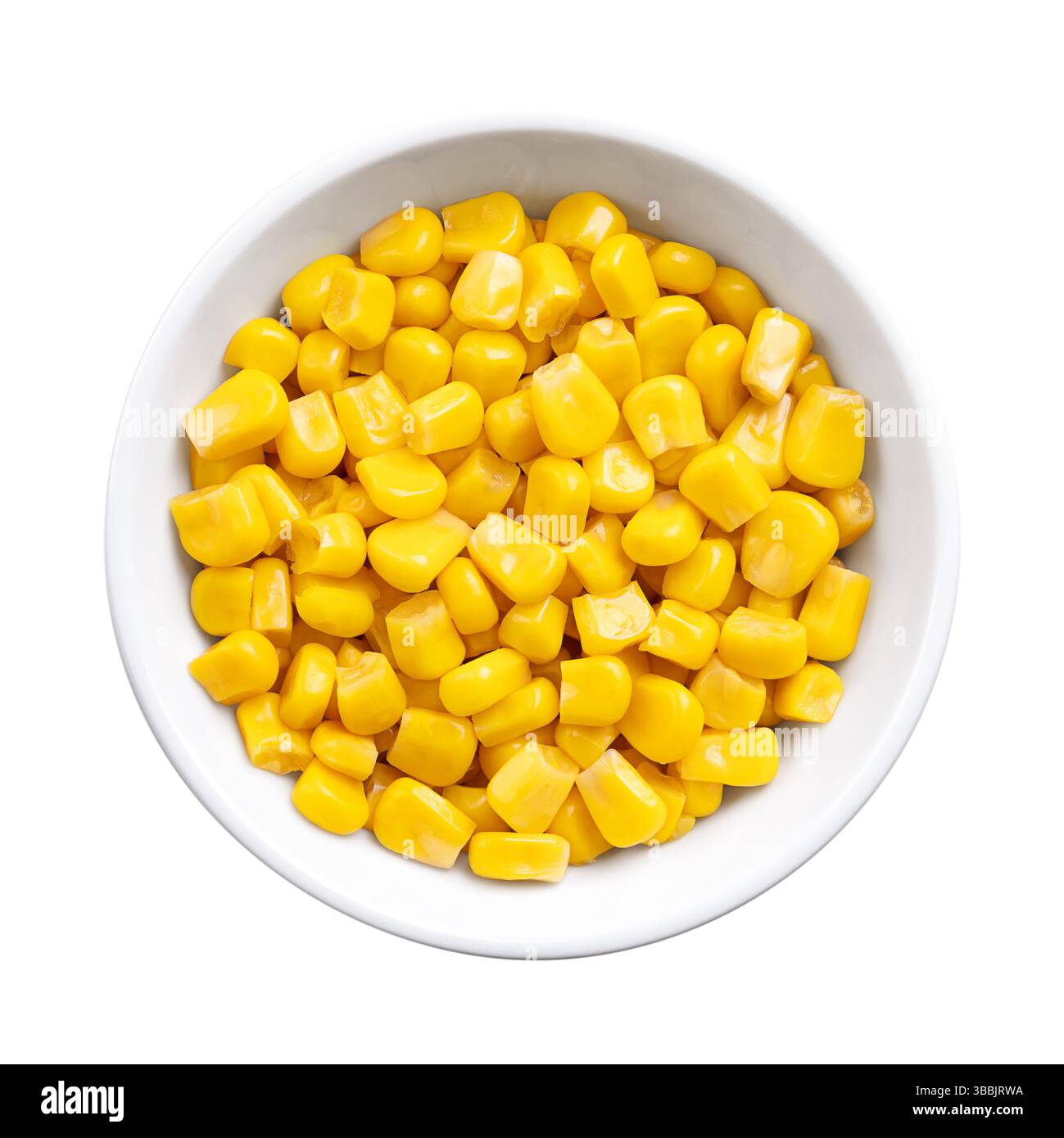Canned corn, vegetable maize, whole sweet corn kernels in a white bowl ...