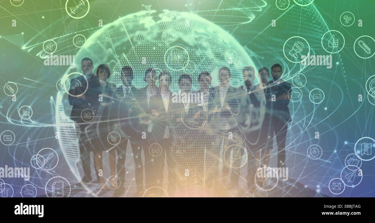 Standing business professionals forming line in tech backdrop, with ...