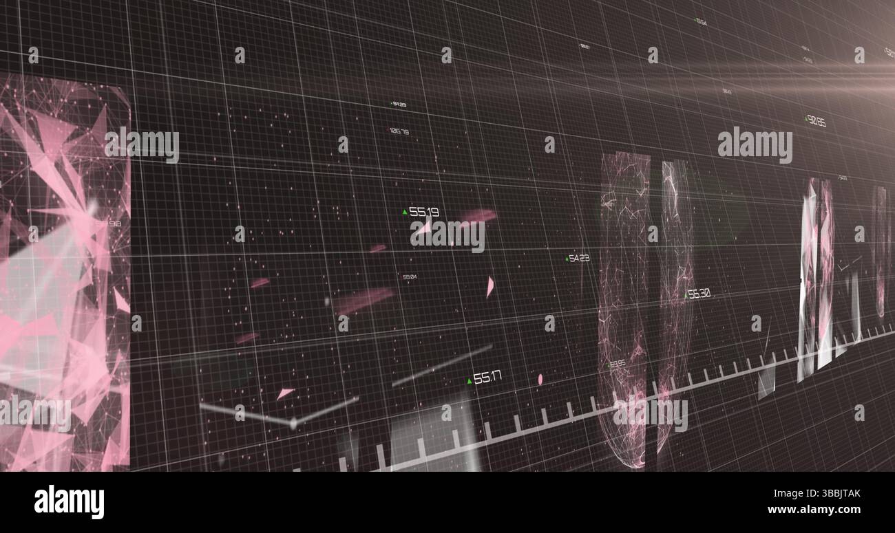 Displaying translucent data panels floating in 3D space, with numeric labels and light flare ...