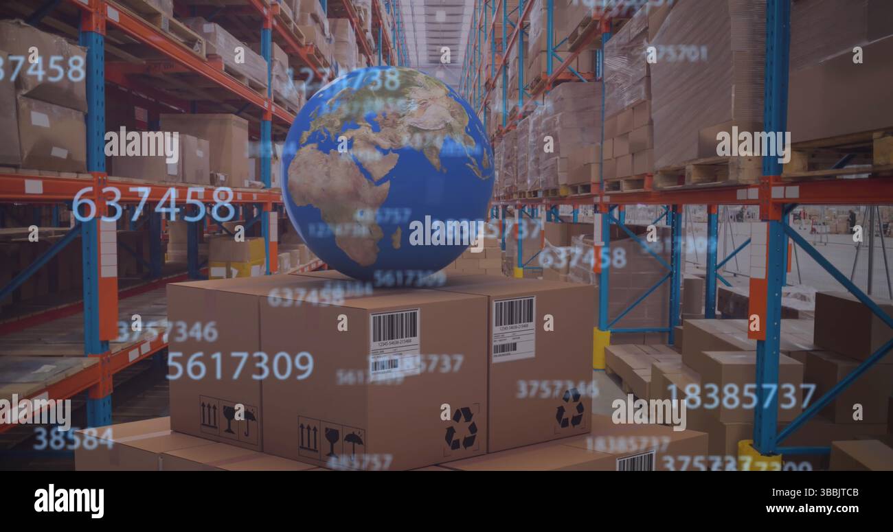 Displaying Earth globe resting on cardboard boxes in warehouse aisle, featuring floating ...