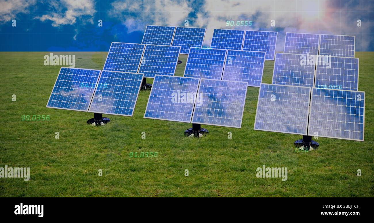 Showcasing solar panel array generating power on green field at rural ...