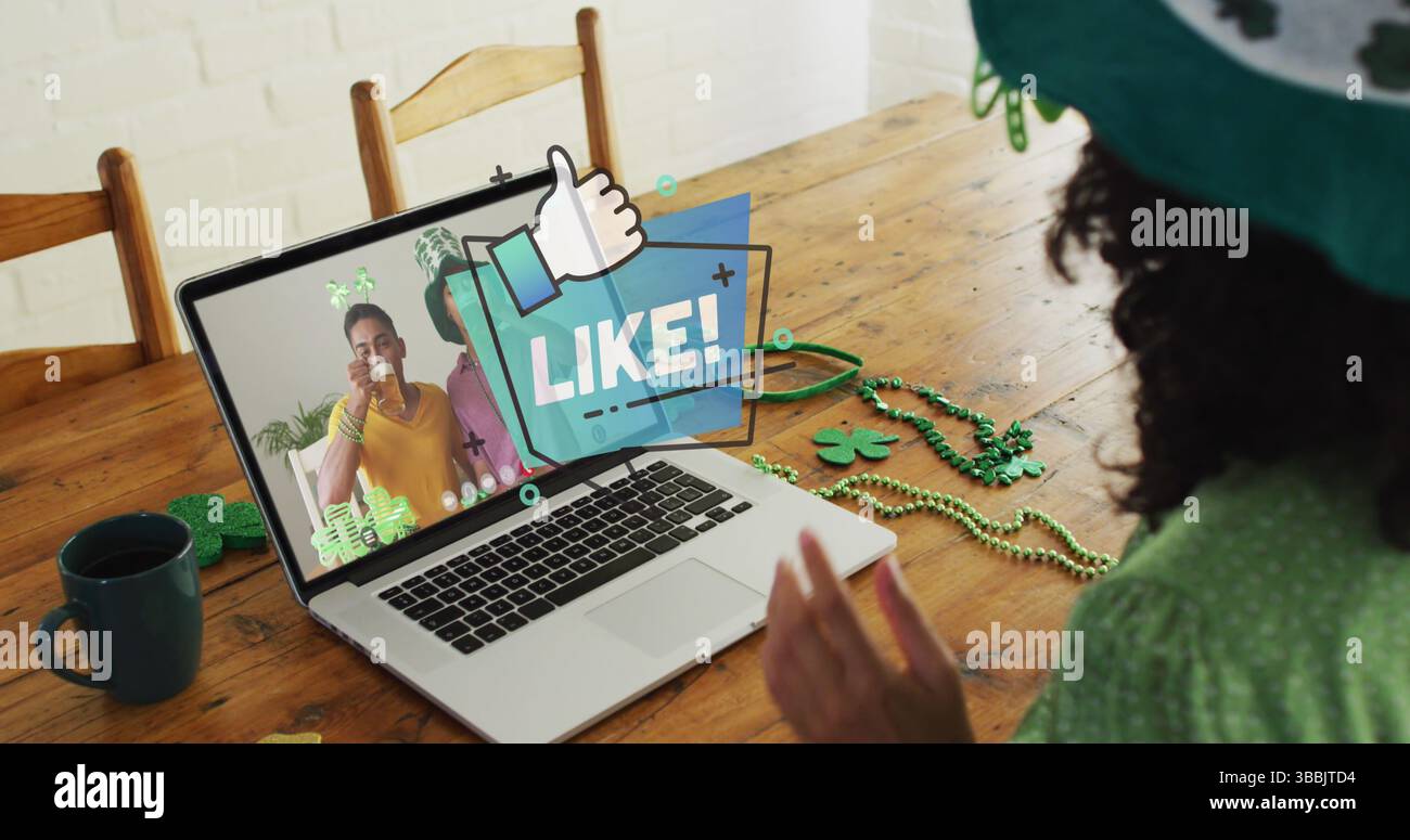 Waving woman wearing shamrock hat greeting on dining table at home ...