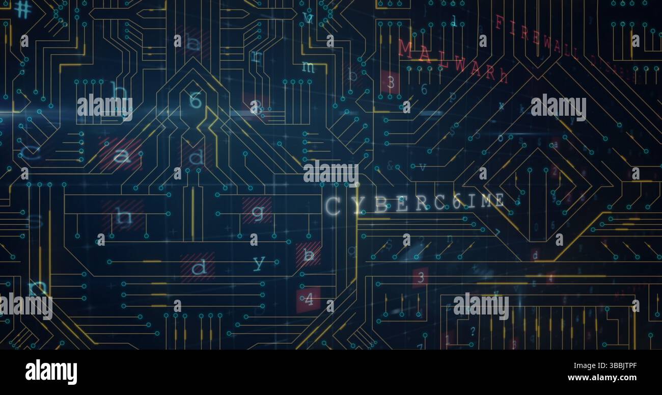 Image of cyber security data processing over microprocessor connections against blue background ...