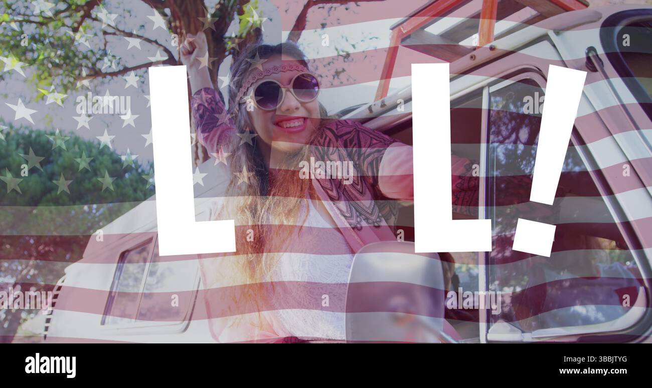 Image of american flag and lol text over smiling caucasian woman in car ...