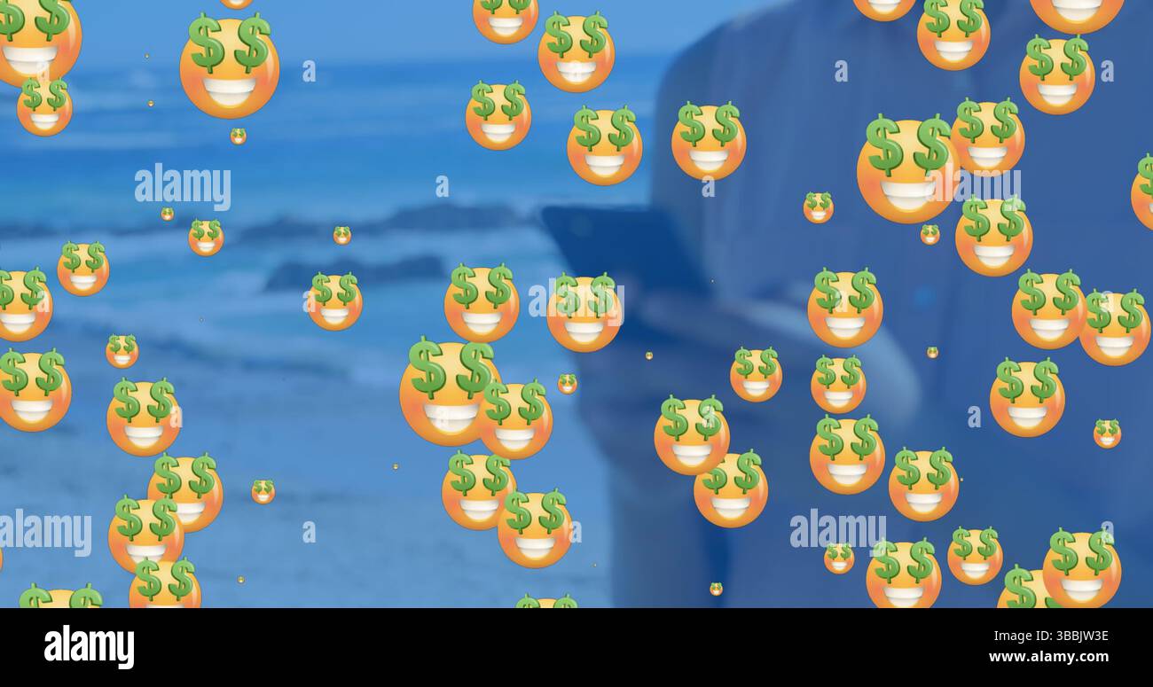 Image of falling social media icons over person using smartphone Stock ...