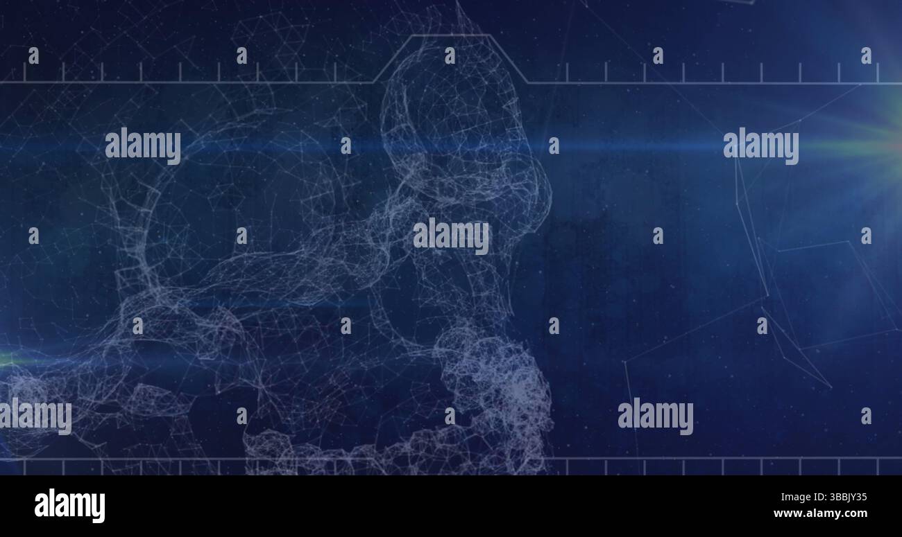 Network of connections forming a human skull and spot of light against ...