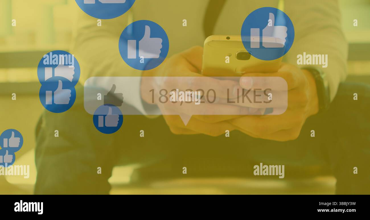 Image of falling social media icons over men using smartphone Stock ...
