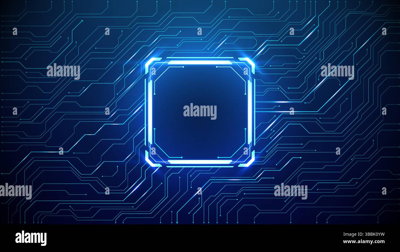 technology background with blue neon frame. Tech HUD element. Circuit ...