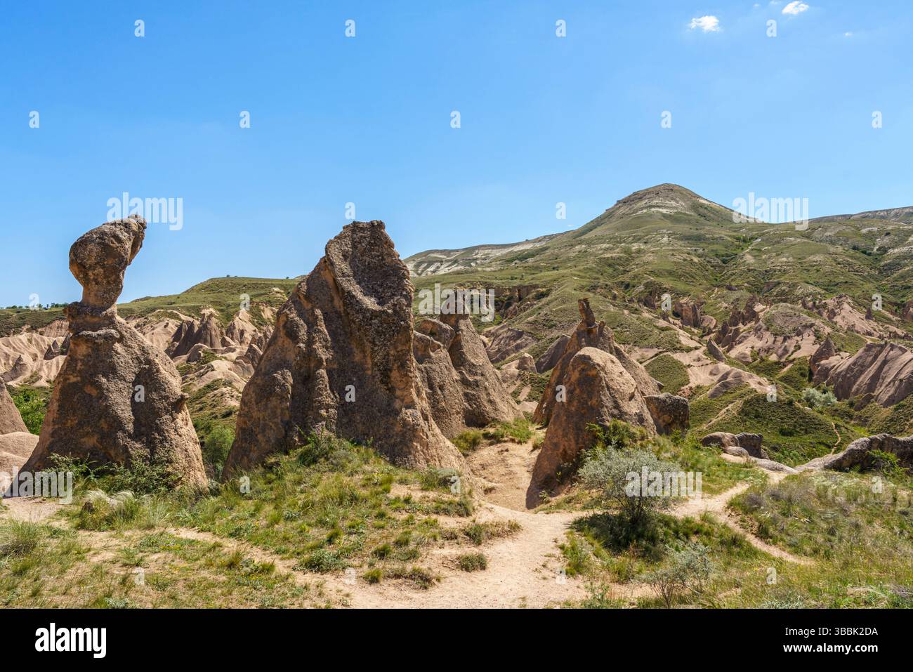 Pointed rock spires and eroded fairy chimneys rise from grassy slopes ...