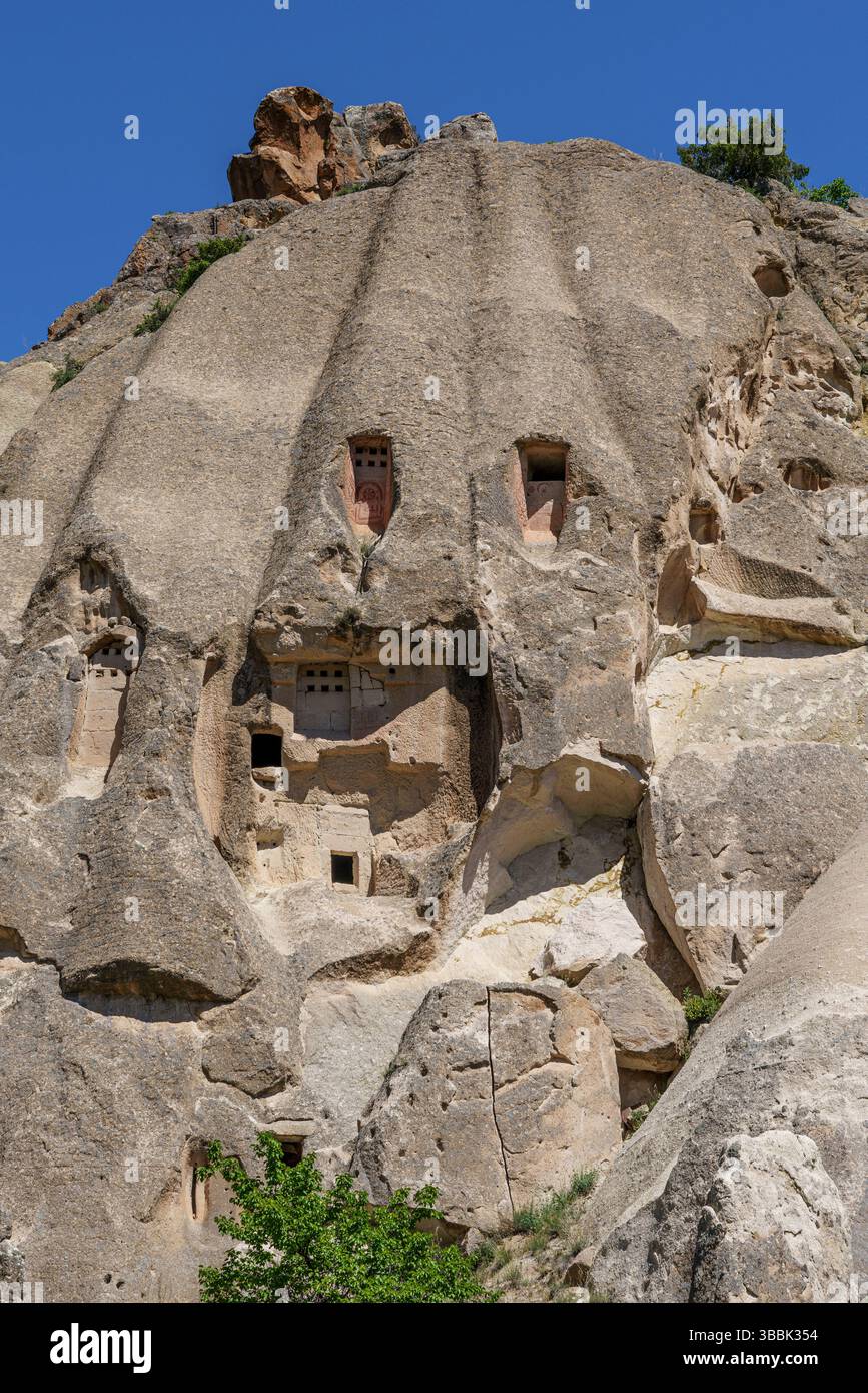A weathered rock wall with cave openings rises above green vegetation ...