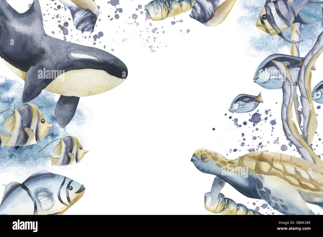 Ocean whales,turtle and small fish watercolor banner template. Hand ...