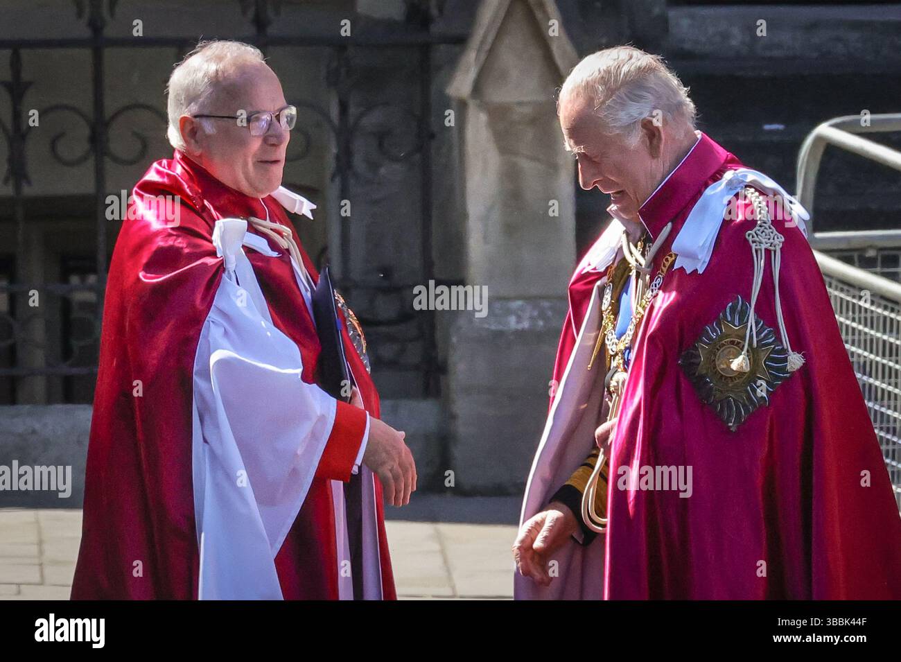 London, UK. 16th May, 2025. King Charles III arrives in the crimson ...
