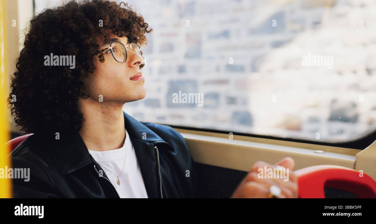Thinking, man and window on bus in city for travel, public transport ...