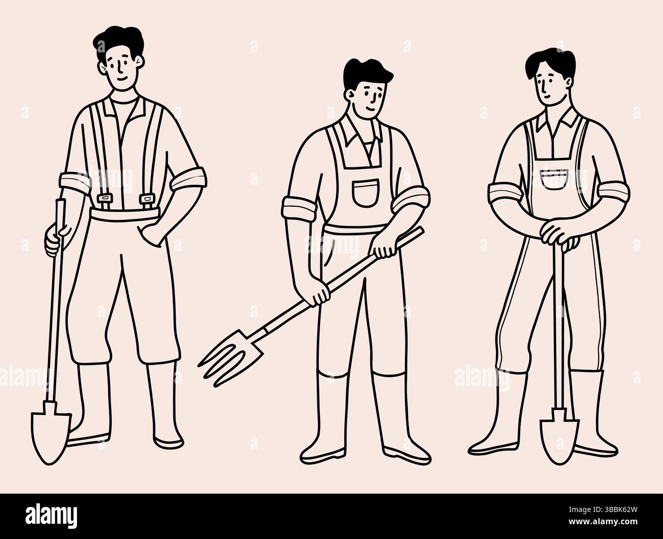 Outline Men Farmer with garden tools Shovel and pitchfork. Male ...