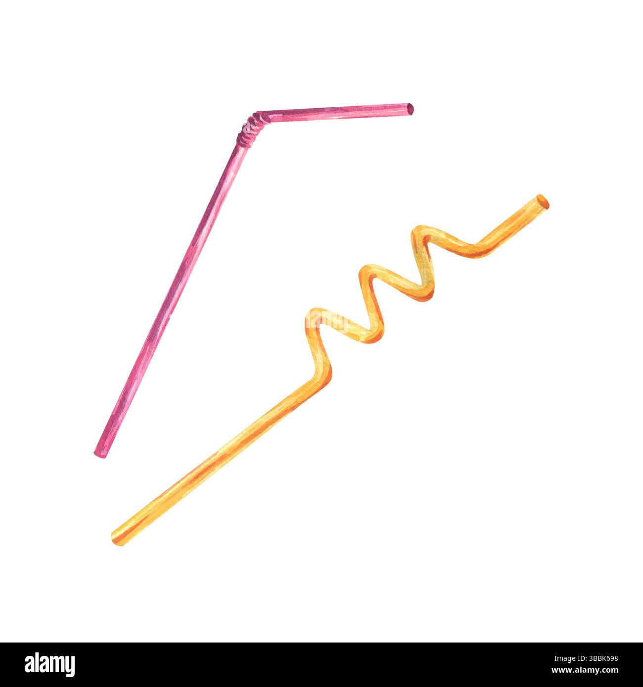 Watercolor illustration of two colorful cocktail straws: one pink ...