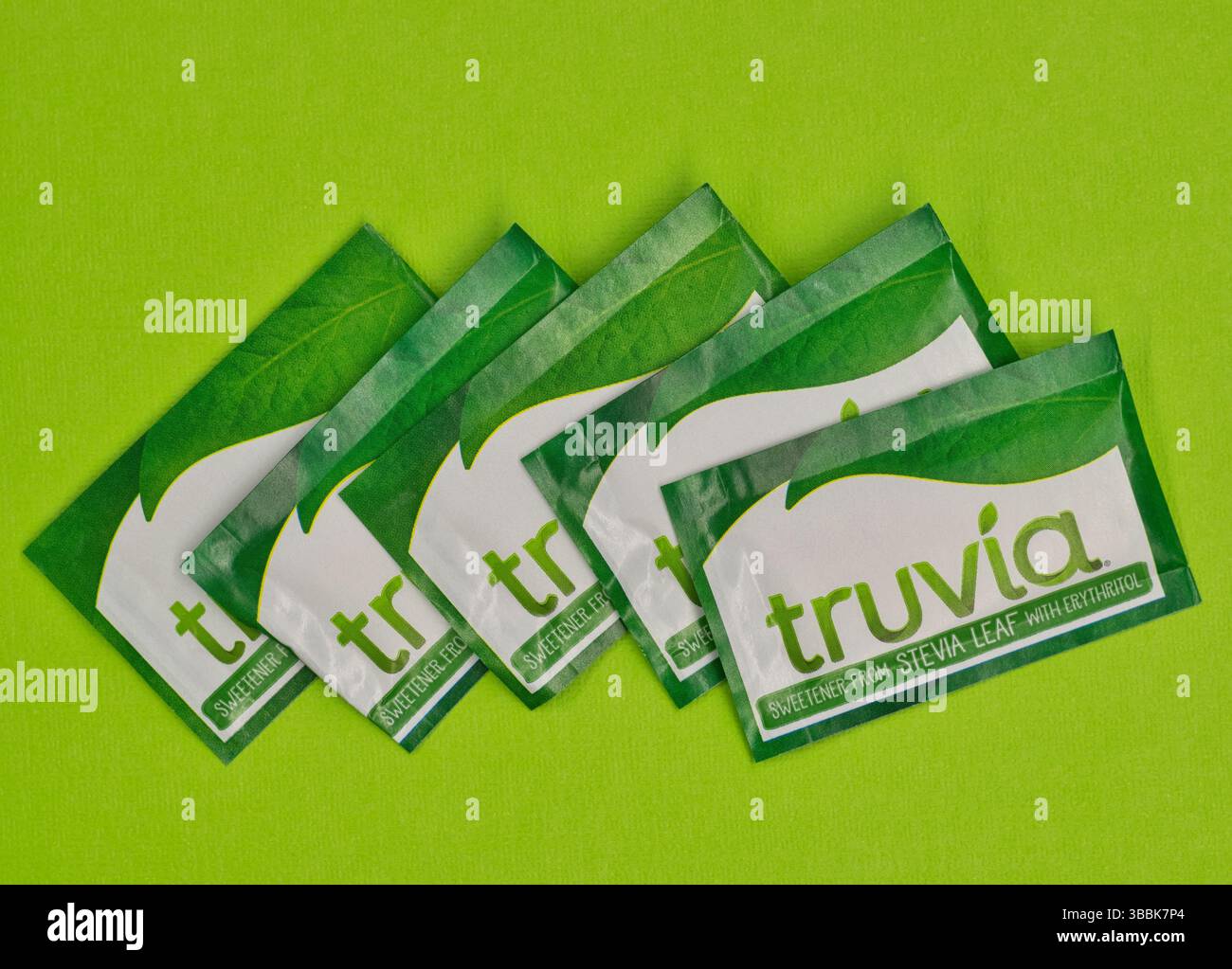 Houston, Texas USA 05-14-2025: Five Truvia artificial sweetener packets ...