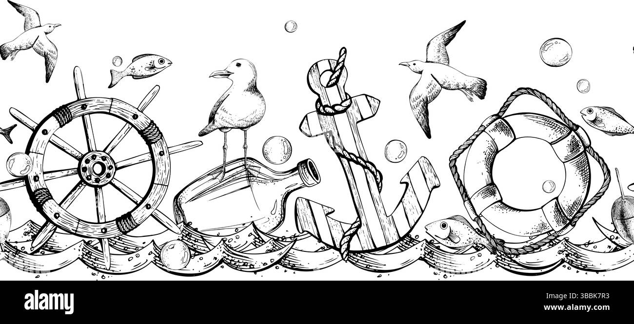 Ship steering wheel, lifebuoy, striped anchor, bottle of rum with ...