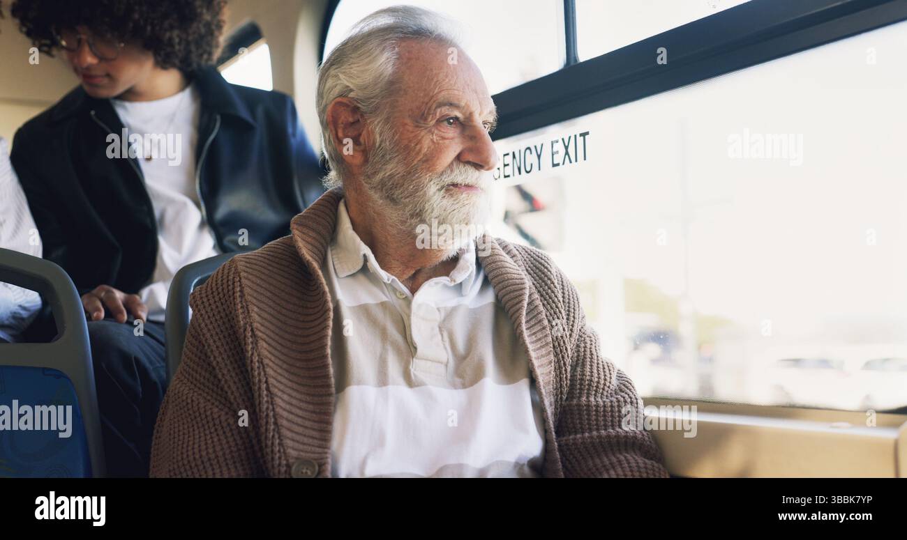 Old man, thinking and travel on bus ride to destination for public ...