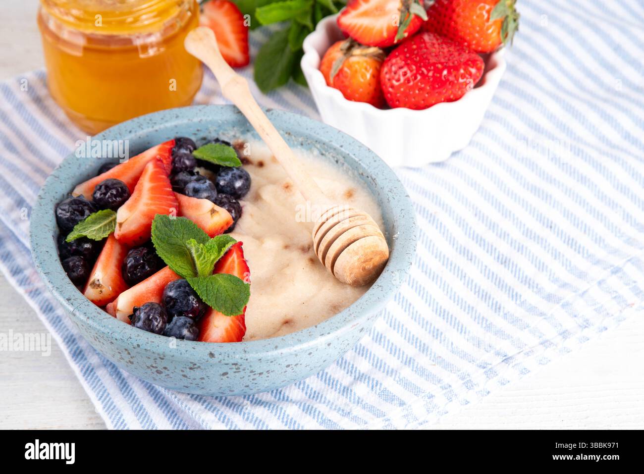 Cream of Wheat semolina porridge with fresh summer berry. Portion of ...