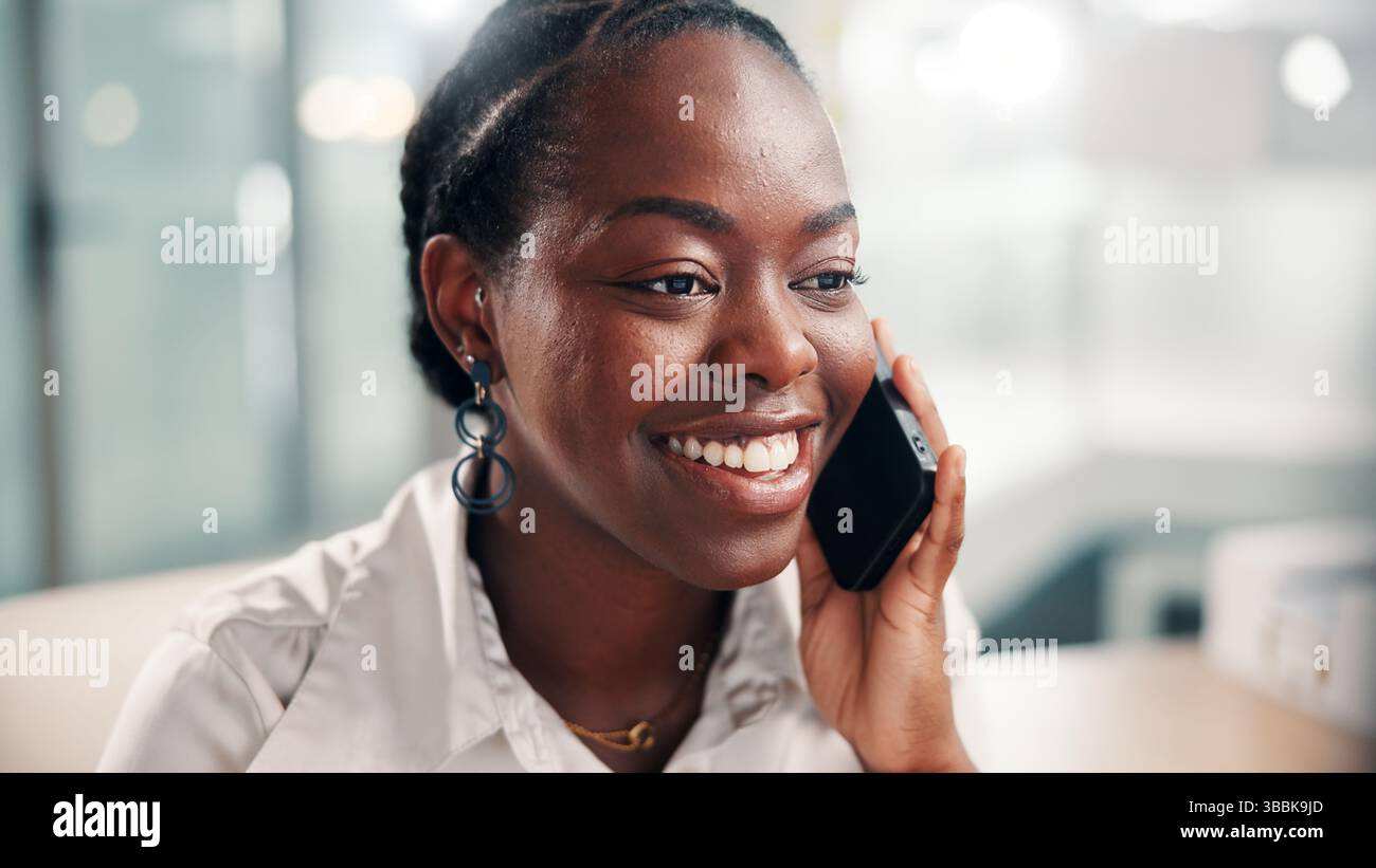 Business woman, phone call and smile in office for communication ...