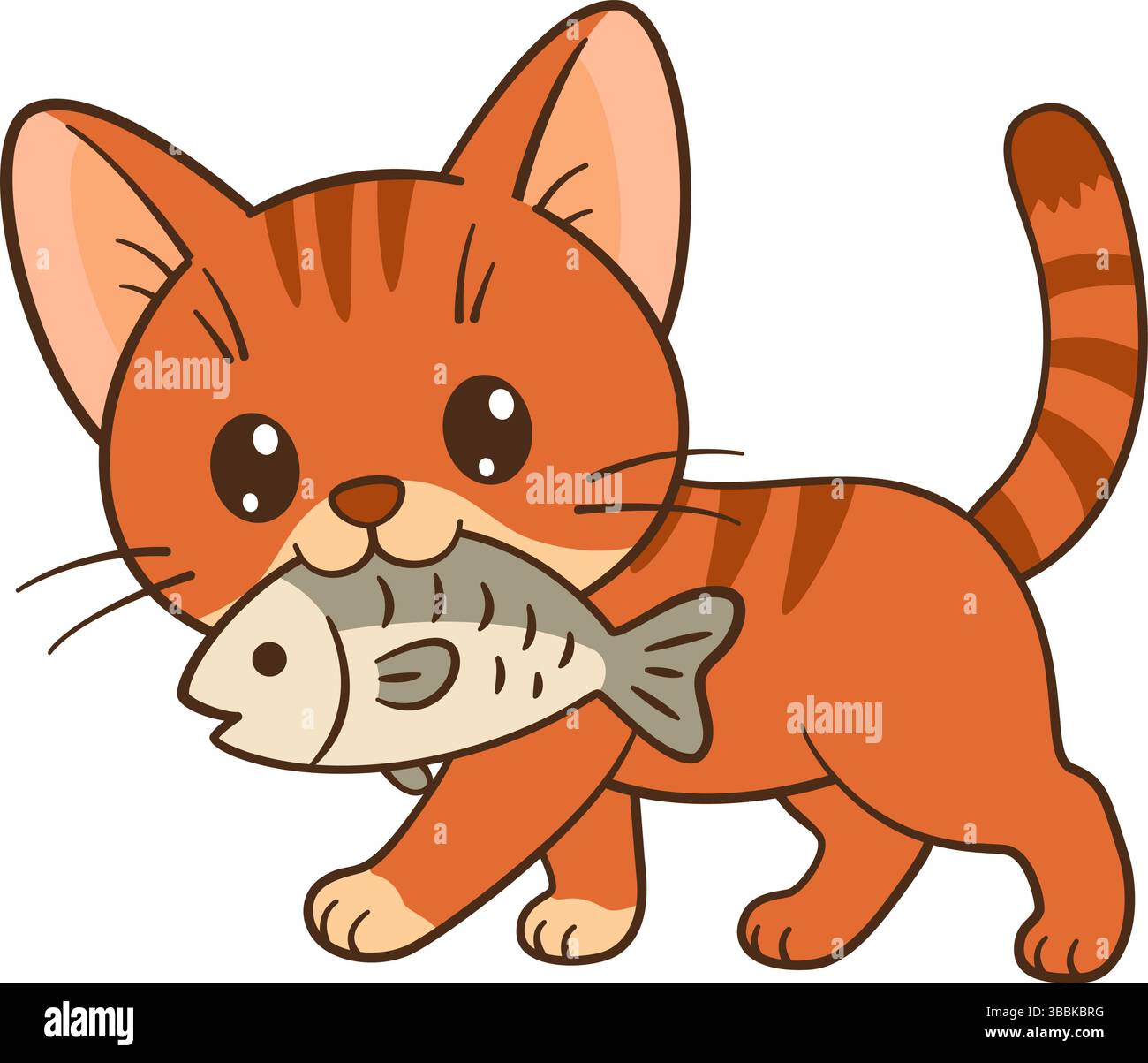Cute red tabby kitten carries a fish in its mouth. Hand drawn funny and ...