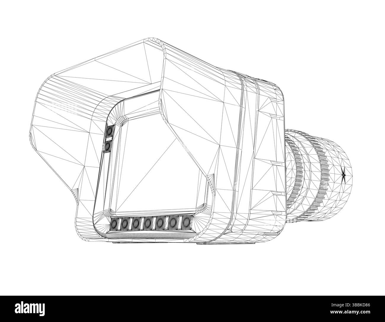 A camera with a lens and a viewfinder. The viewfinder is black and the ...