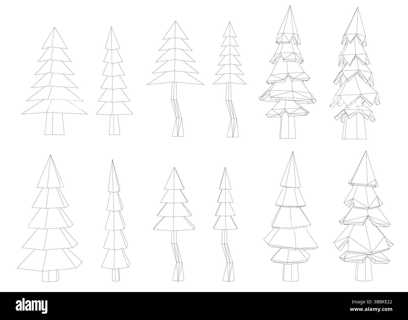 A series of trees are drawn in black and white. The trees are all ...