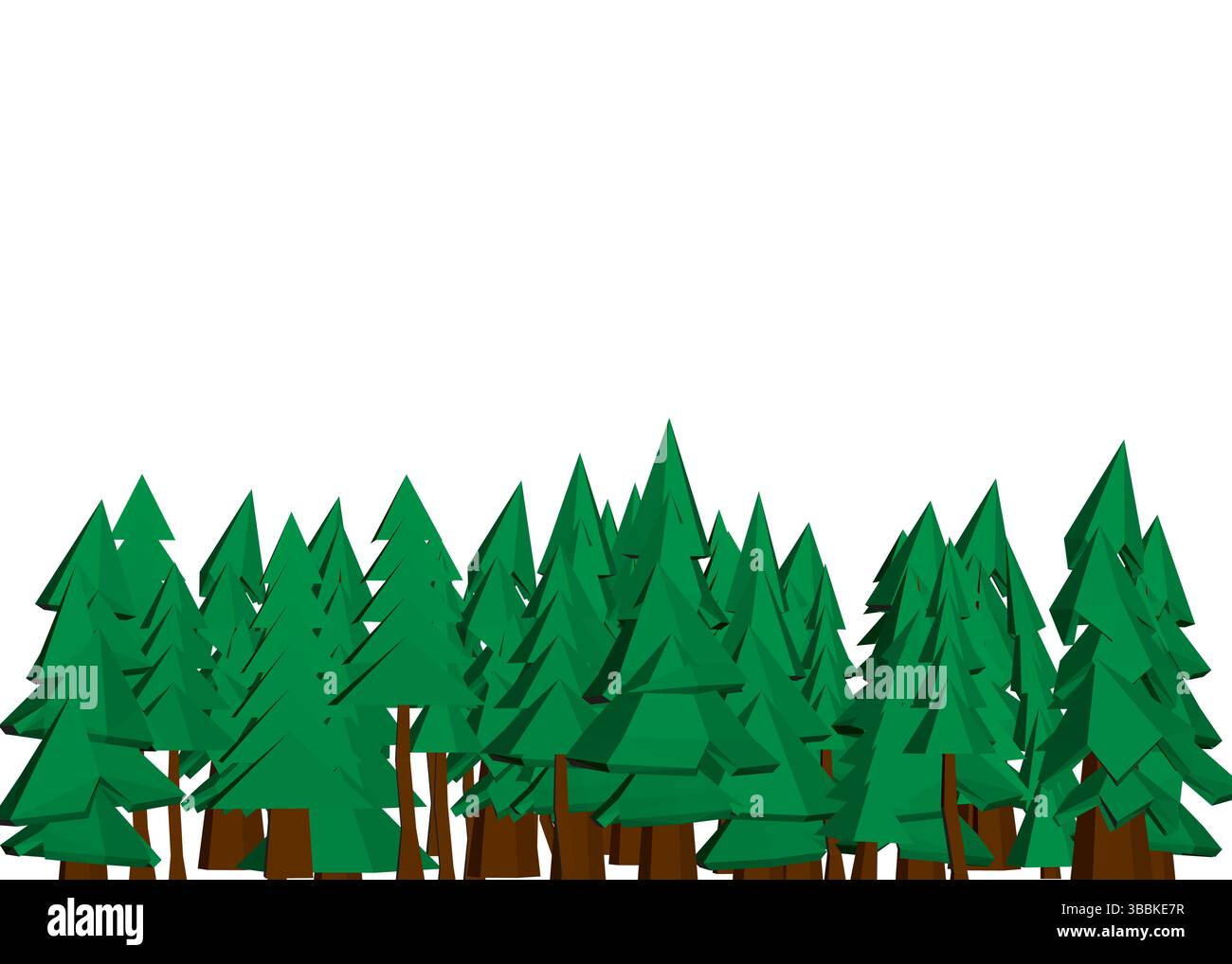 A forest of trees with a white background. The trees are tall and green ...