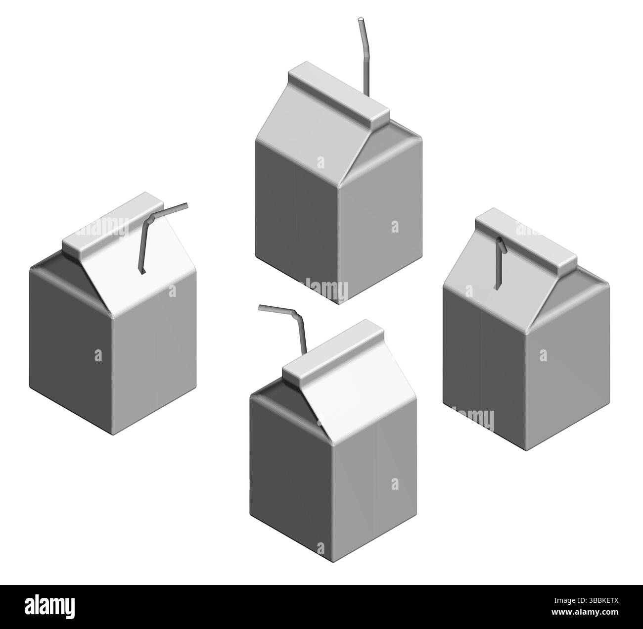 Four Milk package drink with straws sticking out of them. Isometric ...