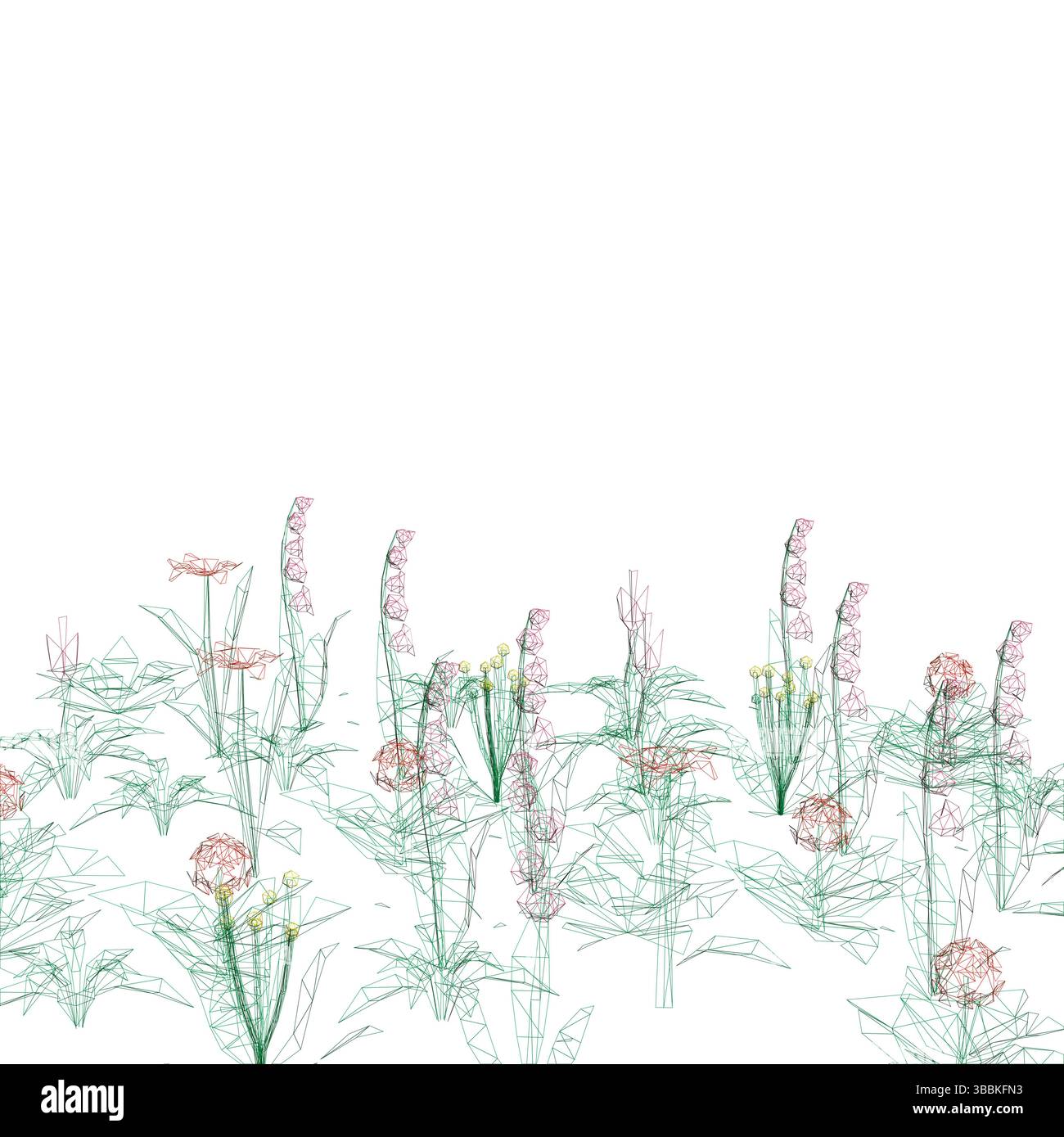 A drawing of a field of flowers with a white background. The flowers ...