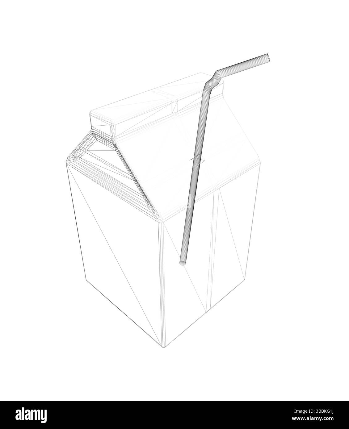 A carton of milk with a straw sticking out of it. The straw is bent and ...