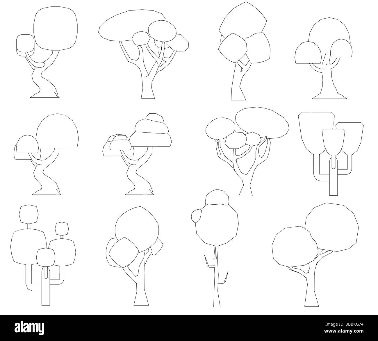 A set of tree drawings in black and white. The trees are all different ...