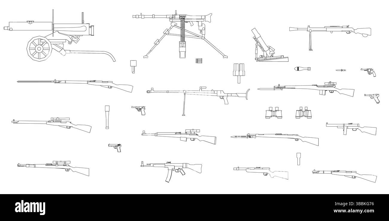 A series of black and white drawings of guns. The drawings are all ...