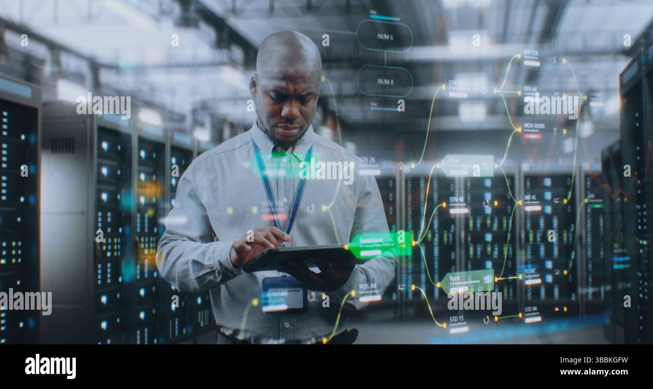 Futuristic Big Data Center with VFX: African American Administrator ...