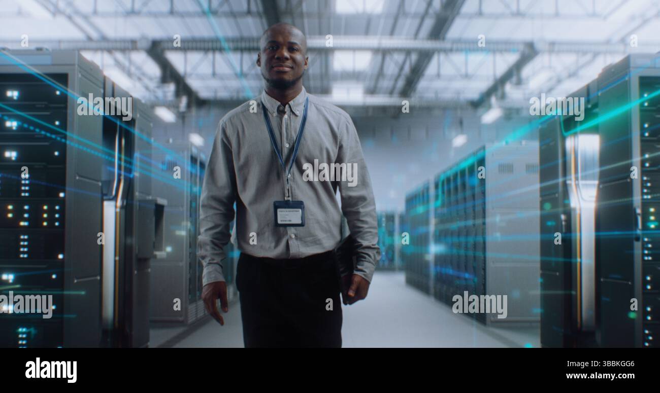 African American Administrator with Digital Tablet Walking in ...