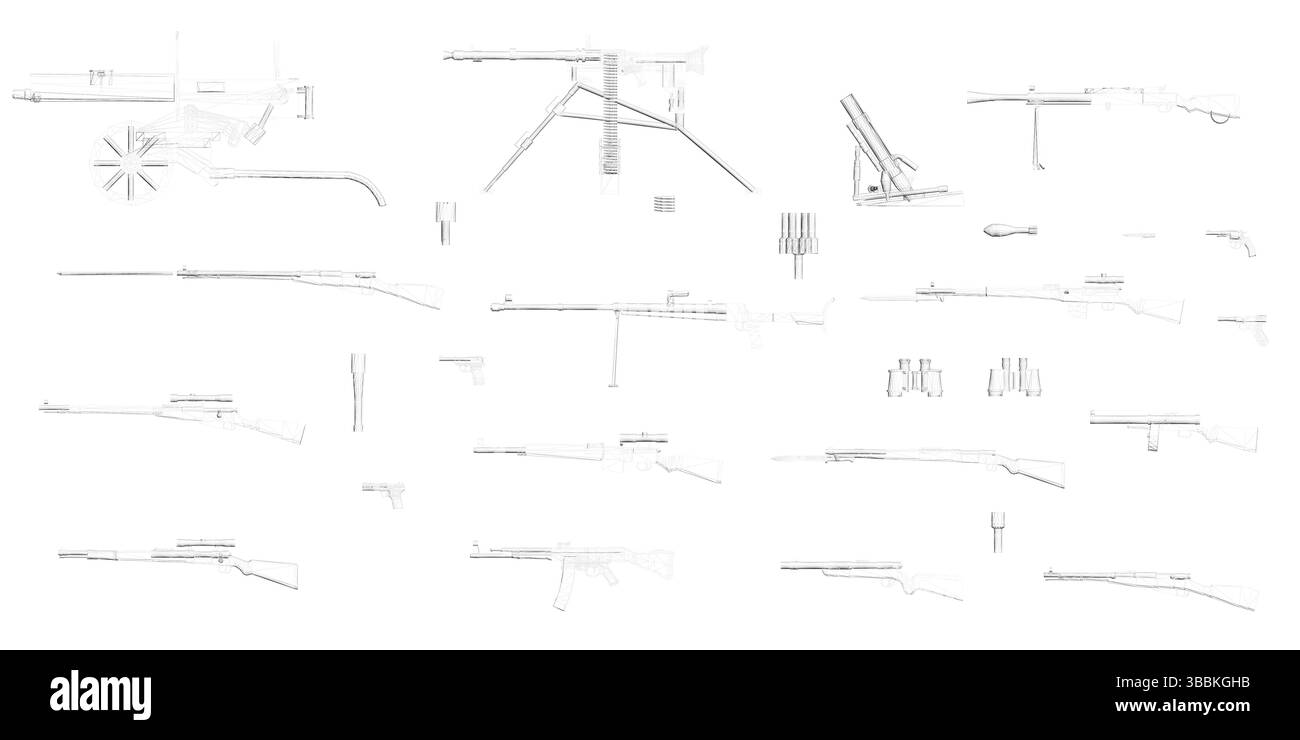 A series of drawings of guns and other weapons. The drawings are all in ...