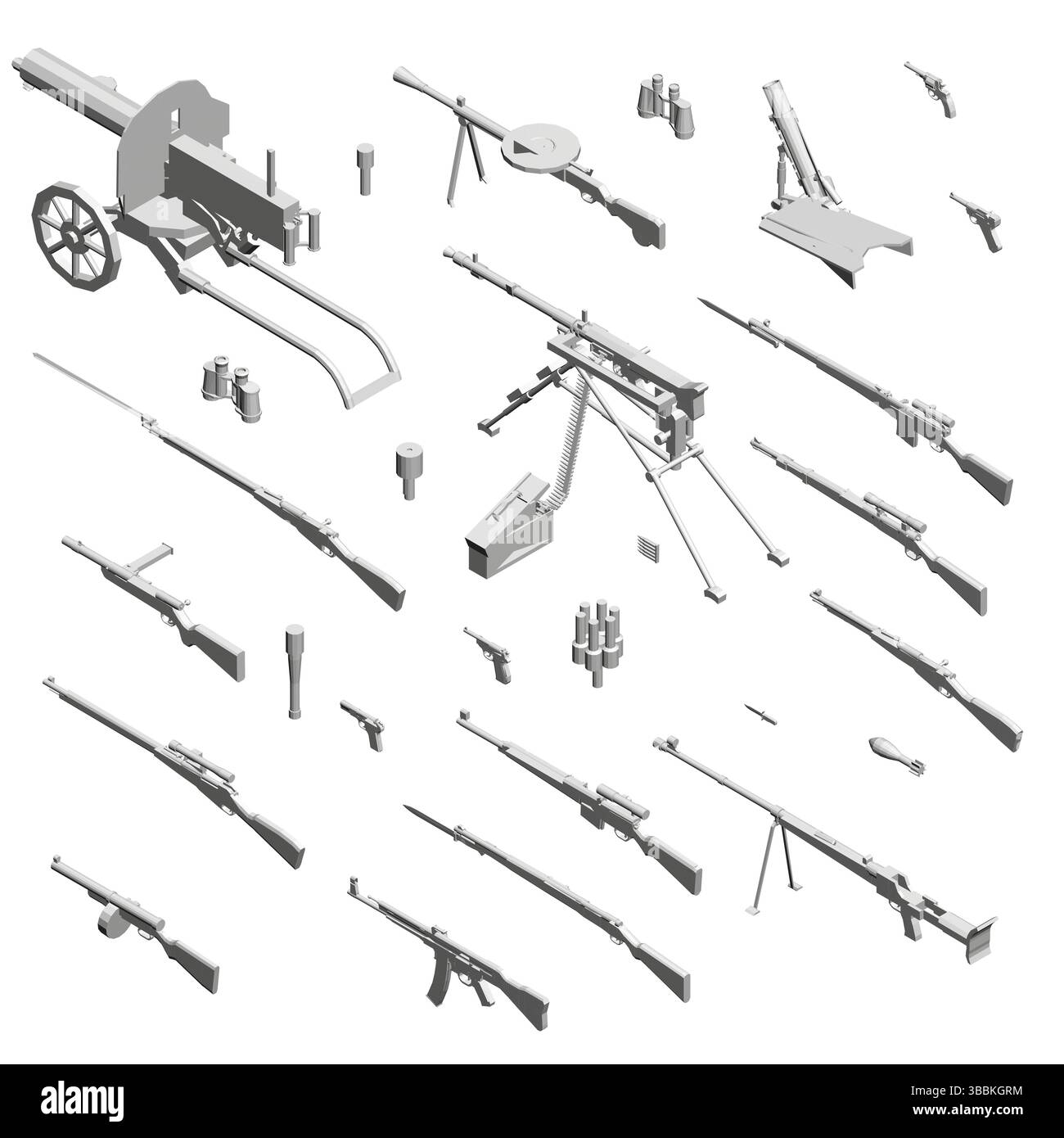 A collection of guns and weapons are shown in a white background. The ...
