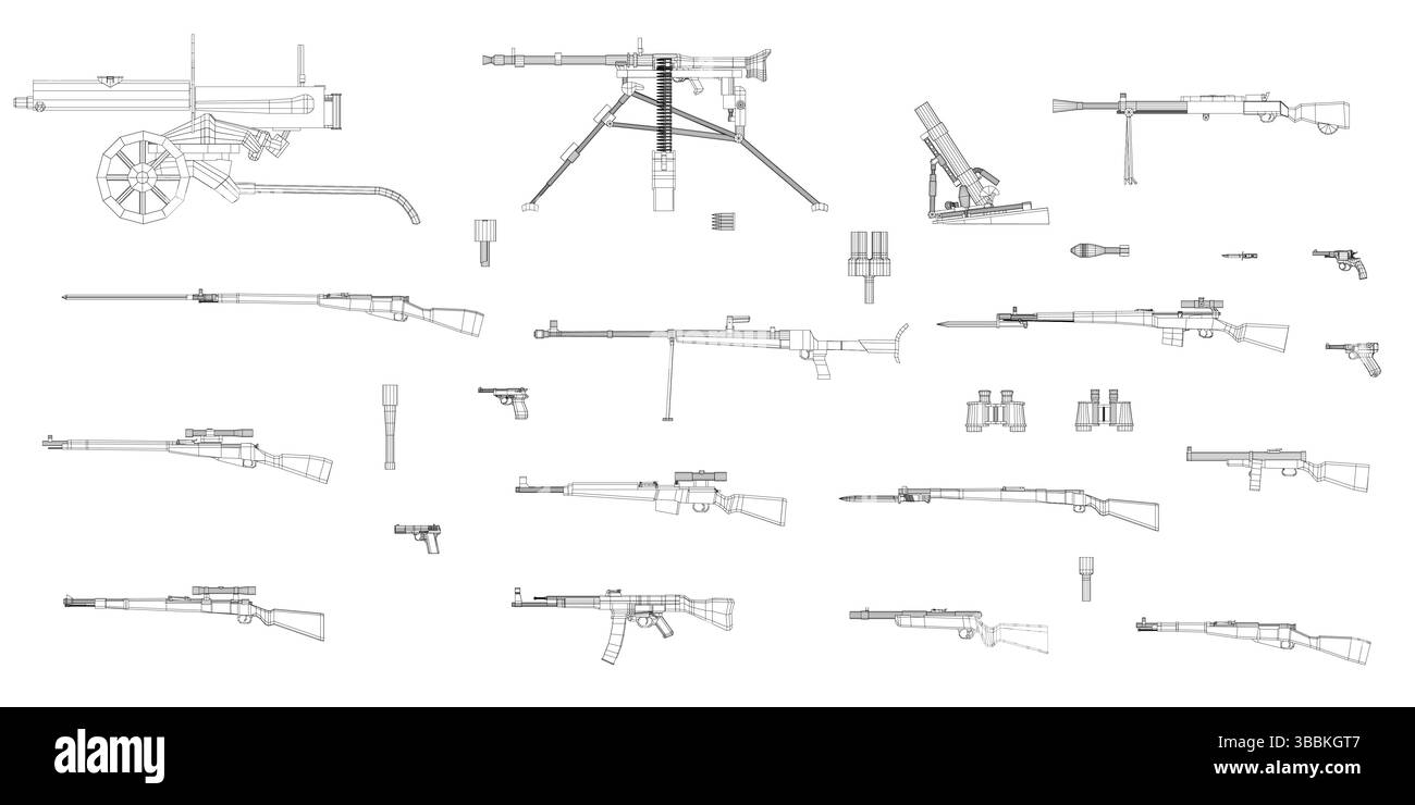 A series of black and white drawings of guns and other weapons. The ...